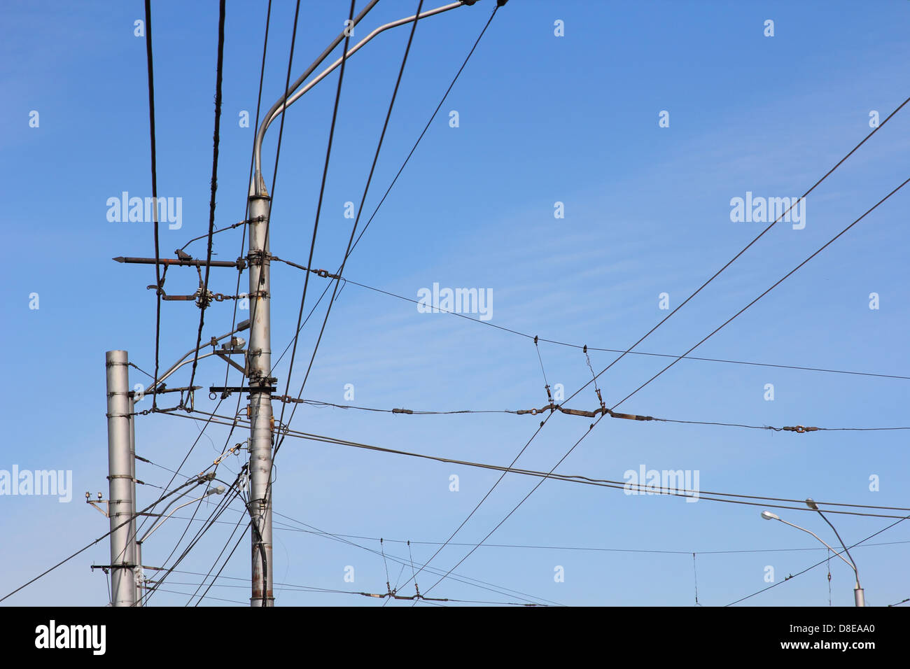 Railroad railway catenary lines against clear blue sky Stock Photo - Alamy