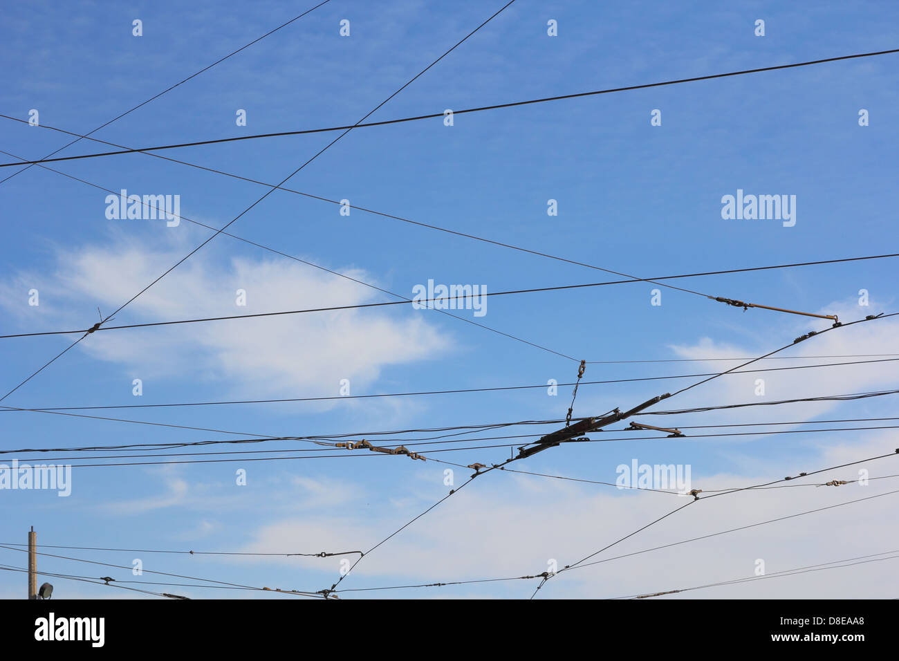 Railroad railway catenary lines against clear blue sky Stock Photo - Alamy
