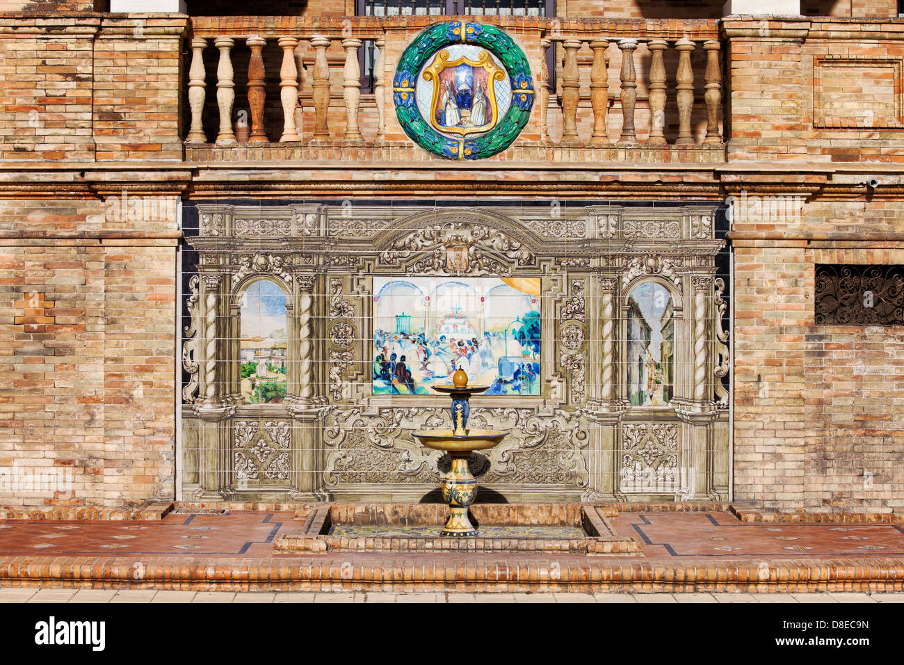 Painted Azulejos ceramic tiles on Plaza de Espana in Seville, Spain ...