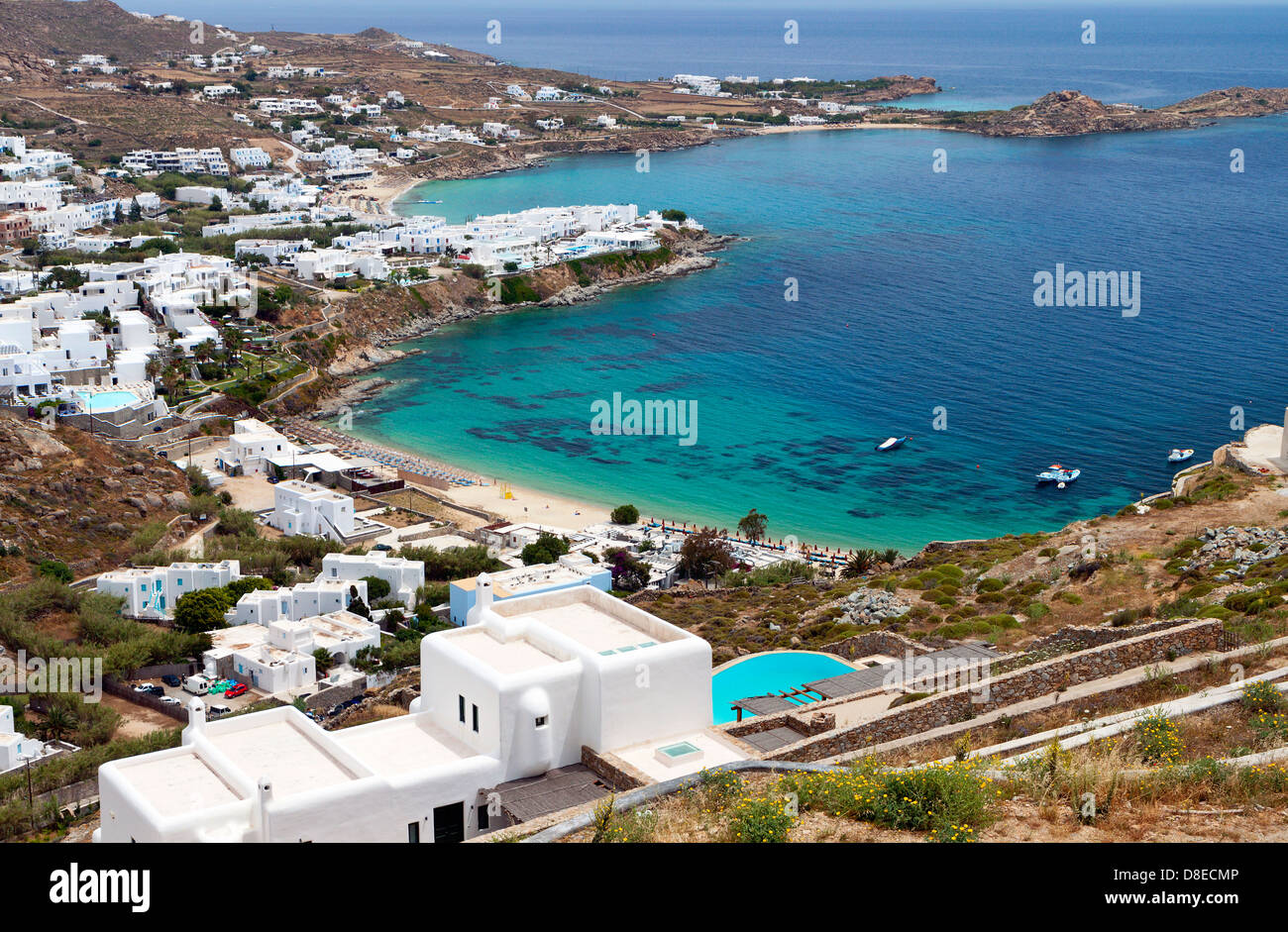 Platis gialos and the famous Psarou beach at Mykonos island in Greece ...