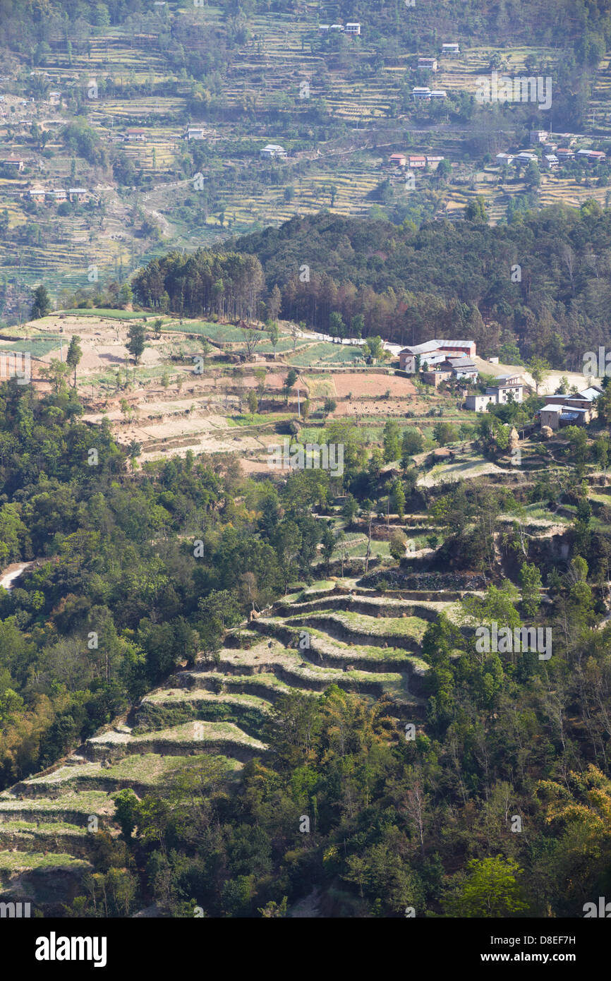 Hillside village and terraced fields, Dhulikhel, Kathmandu Valley ...