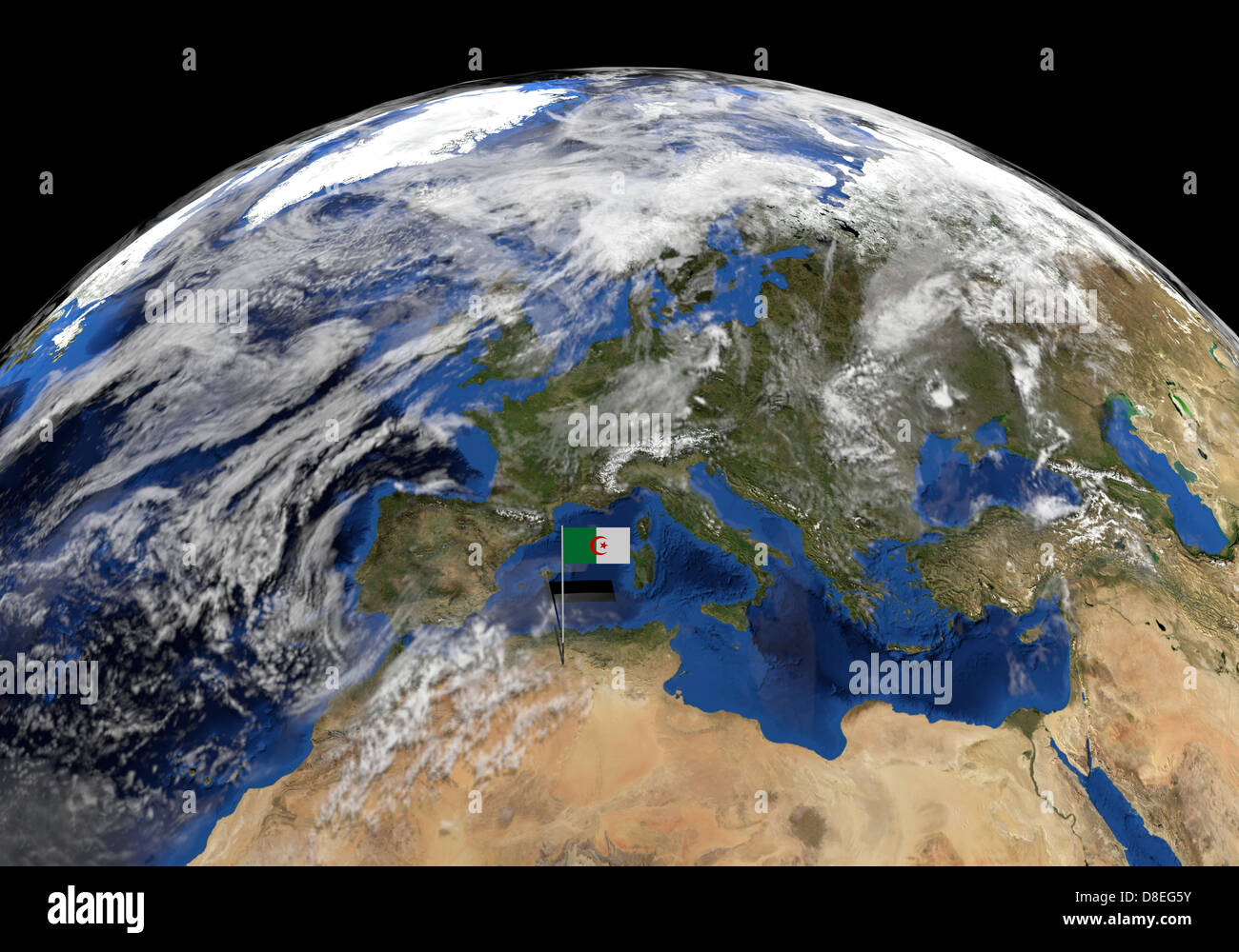 Algeria flag on pole on earth globe illustration Stock Photo - Alamy