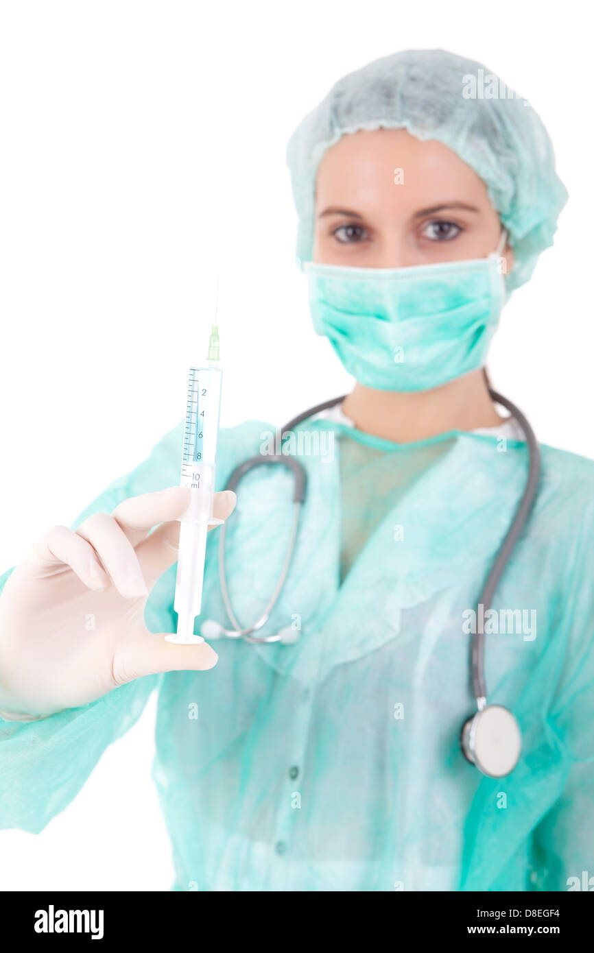 Nurse holding a syringe, isolated over white background Stock Photo - Alamy