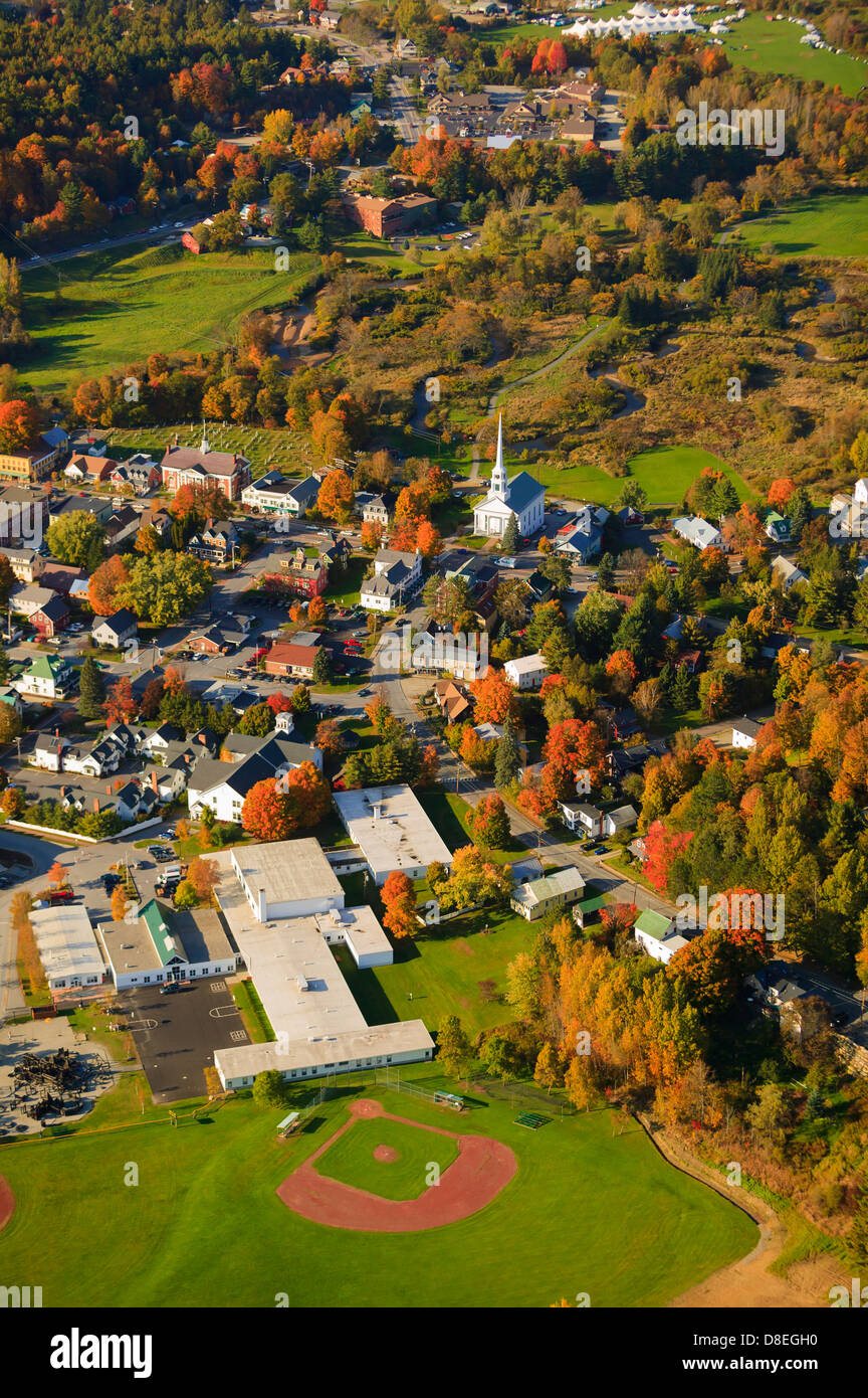 Aerial fall foliage view of rural village, Stowe, Vermont, USA Stock ...