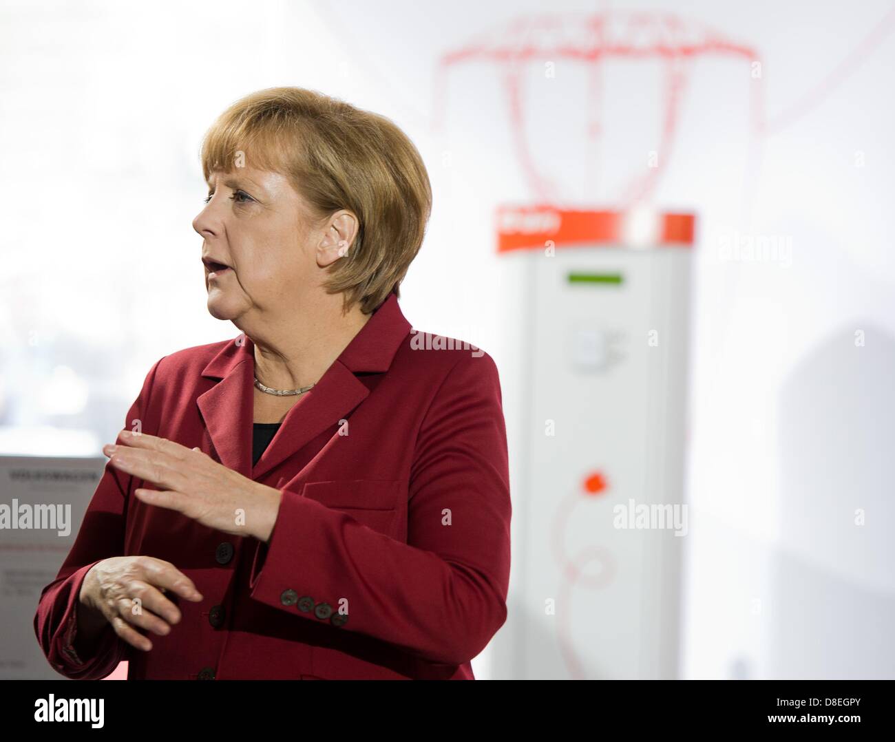 German Chancellor Angela Merkel (CDU) speaks in front of a model of a ...