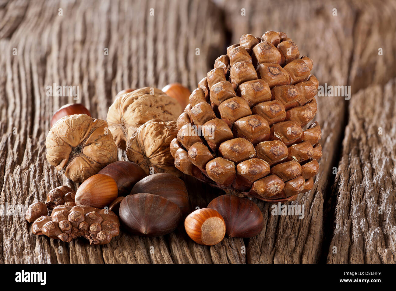 Different nut varieties, sweet chestnuts and pine cones on a rustic ...