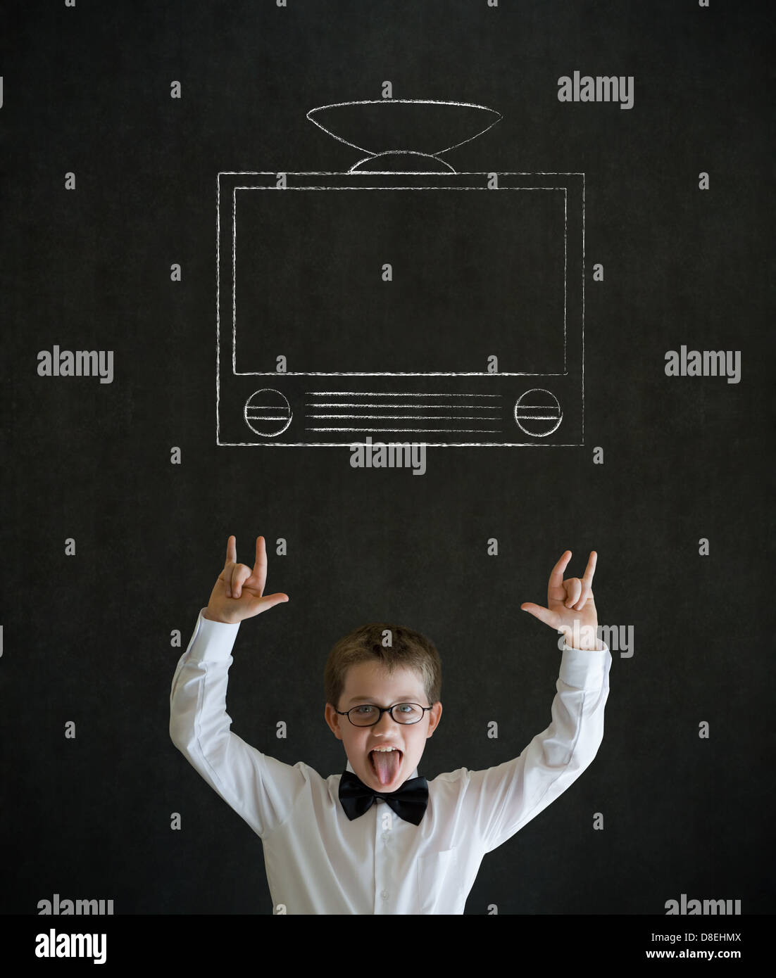 Knowledge rocks boy dressed up as business man with chalk tv television ...