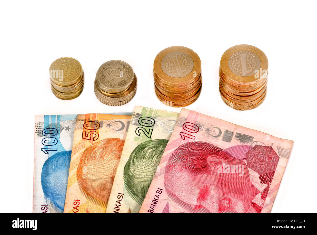 Turkish money and coins on white background Stock Photo - Alamy