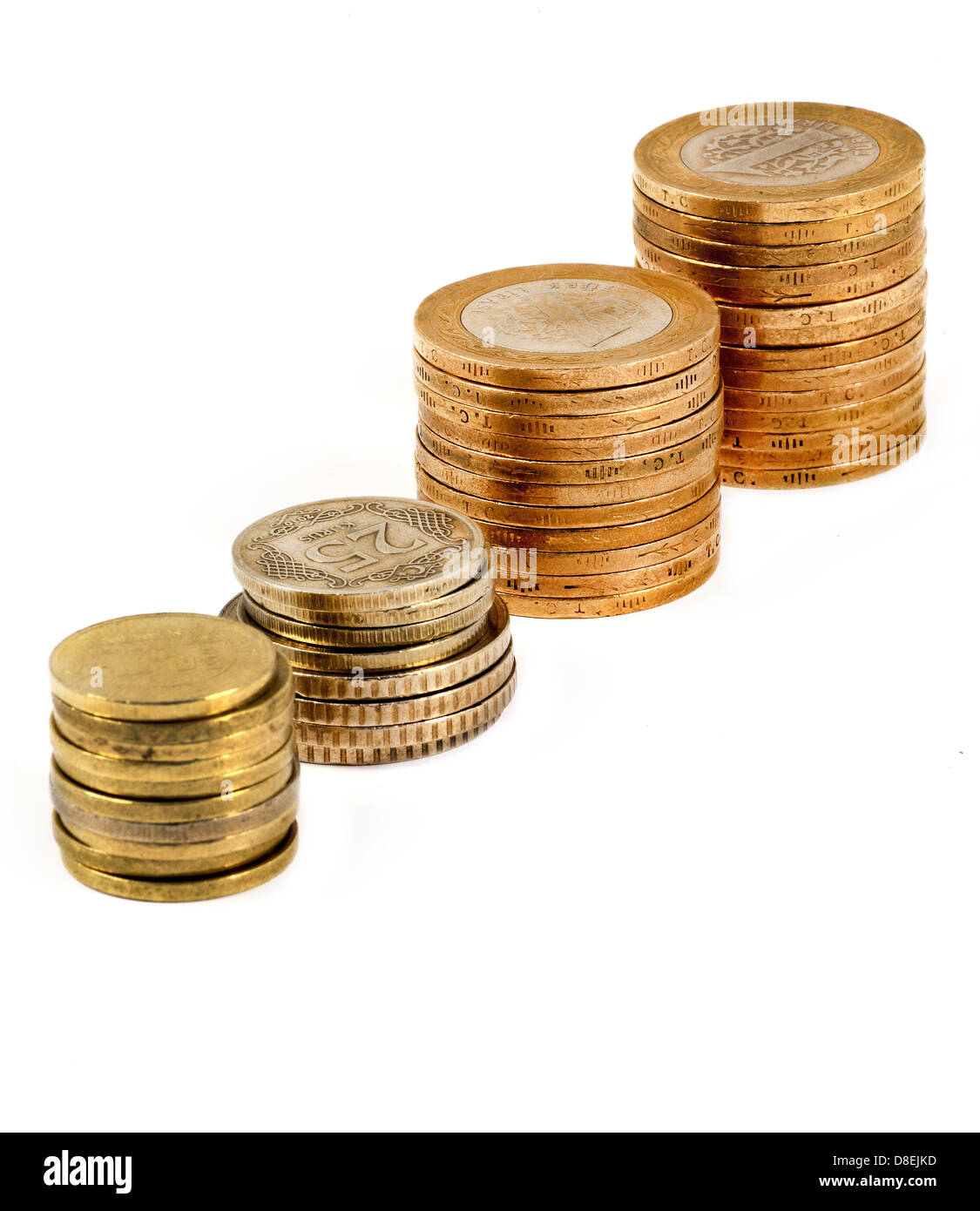 Four stacks of Turkish coins on white background Stock Photo - Alamy