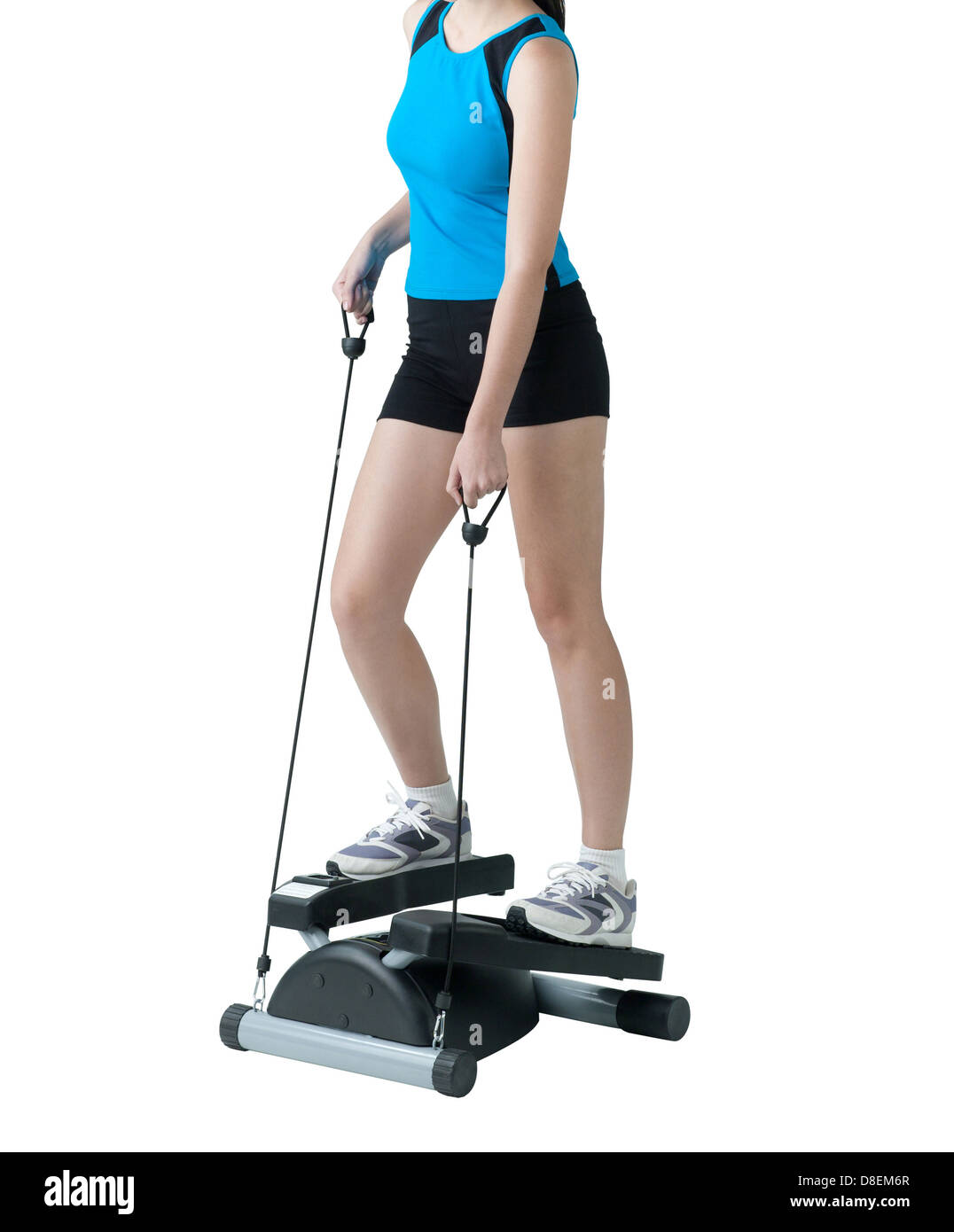 woman exercise with stepper machine and pulling elastic handle Stock ...