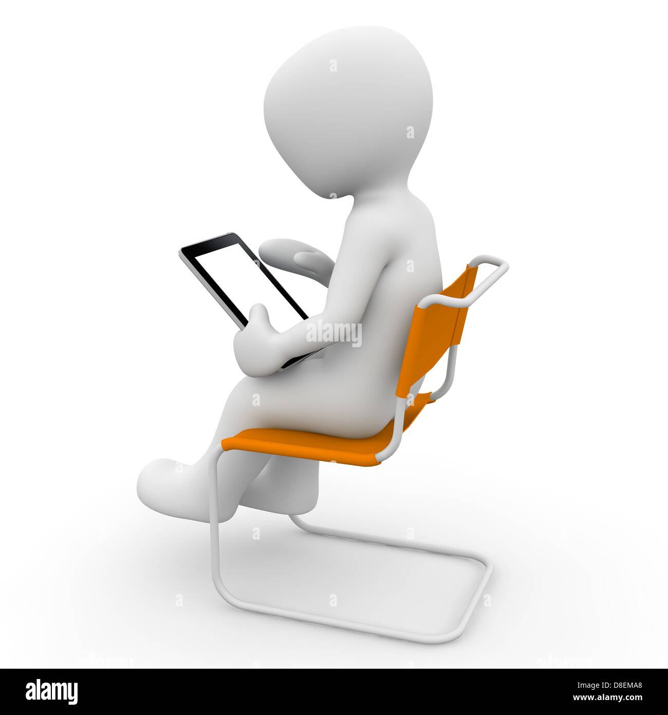 A 3d character sitting on a chair and plays Ipad Stock Photo - Alamy