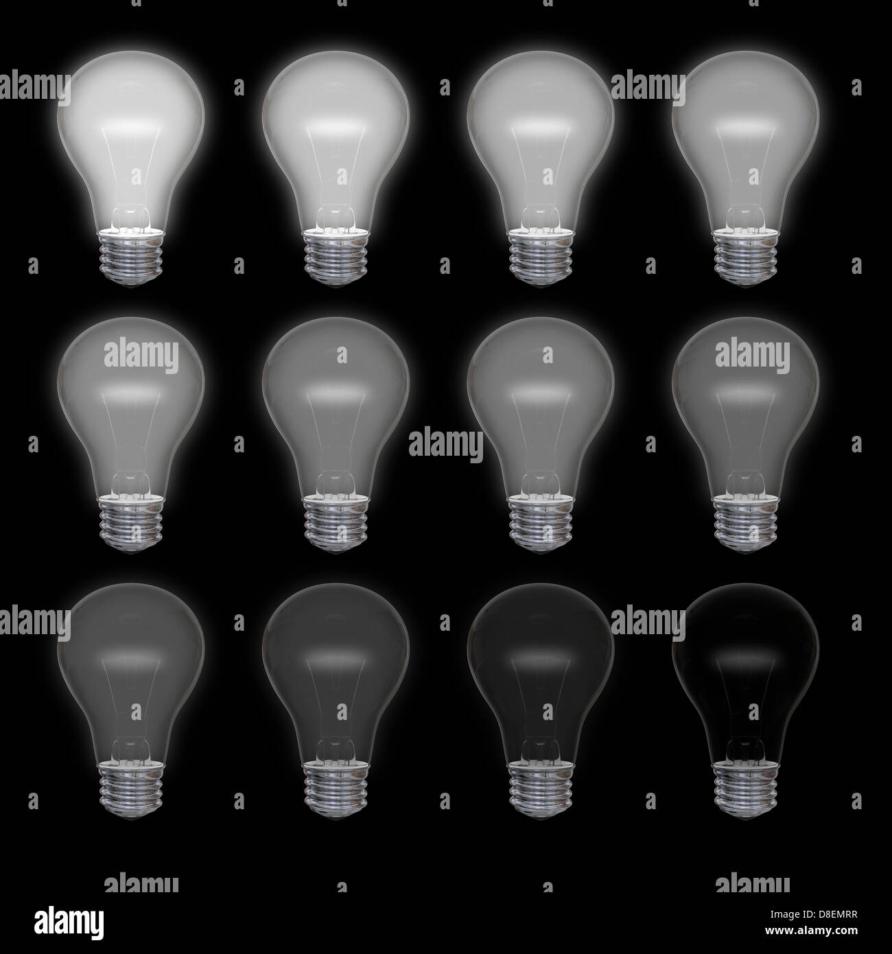 Set of lightbulbs with various light strength isolated on black ...