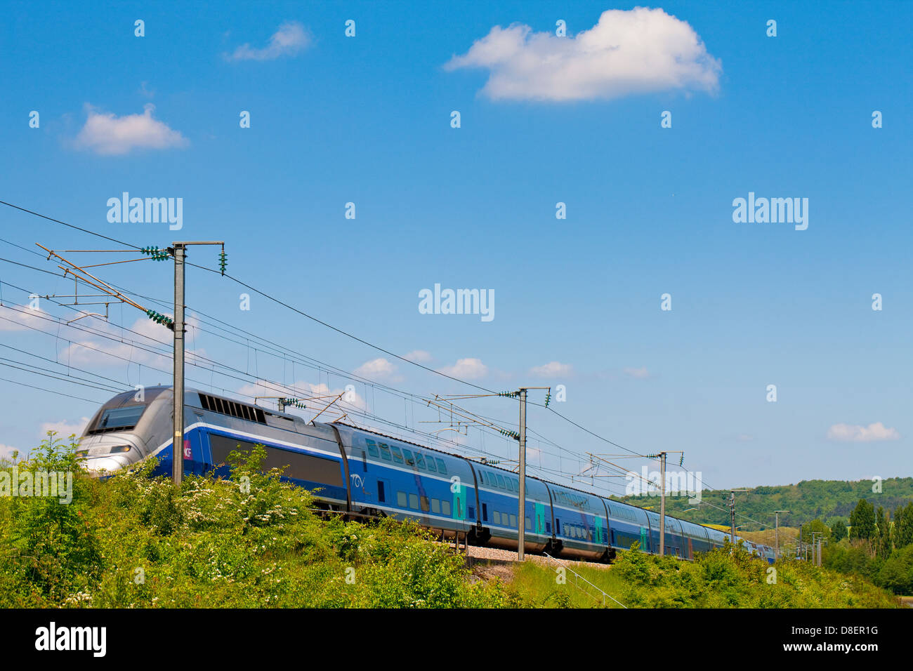 TGV Duplex ( French high-speed rail service ) in the LGV Sud-Est near ...