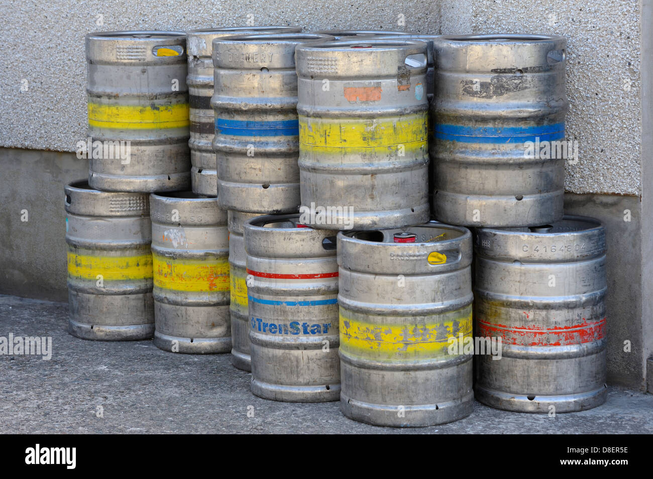 Aluminum Beer barrels or kegs stacked outside Stock Photo - Alamy