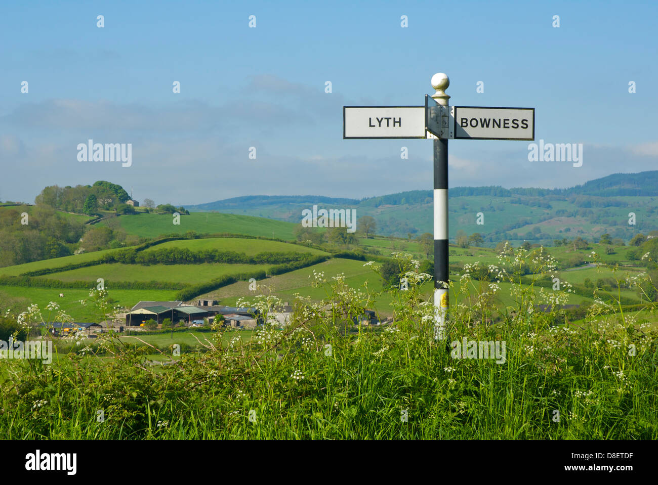 Road sign in Lyth Valley, pointing to Lyth and Bowness, Lake District ...