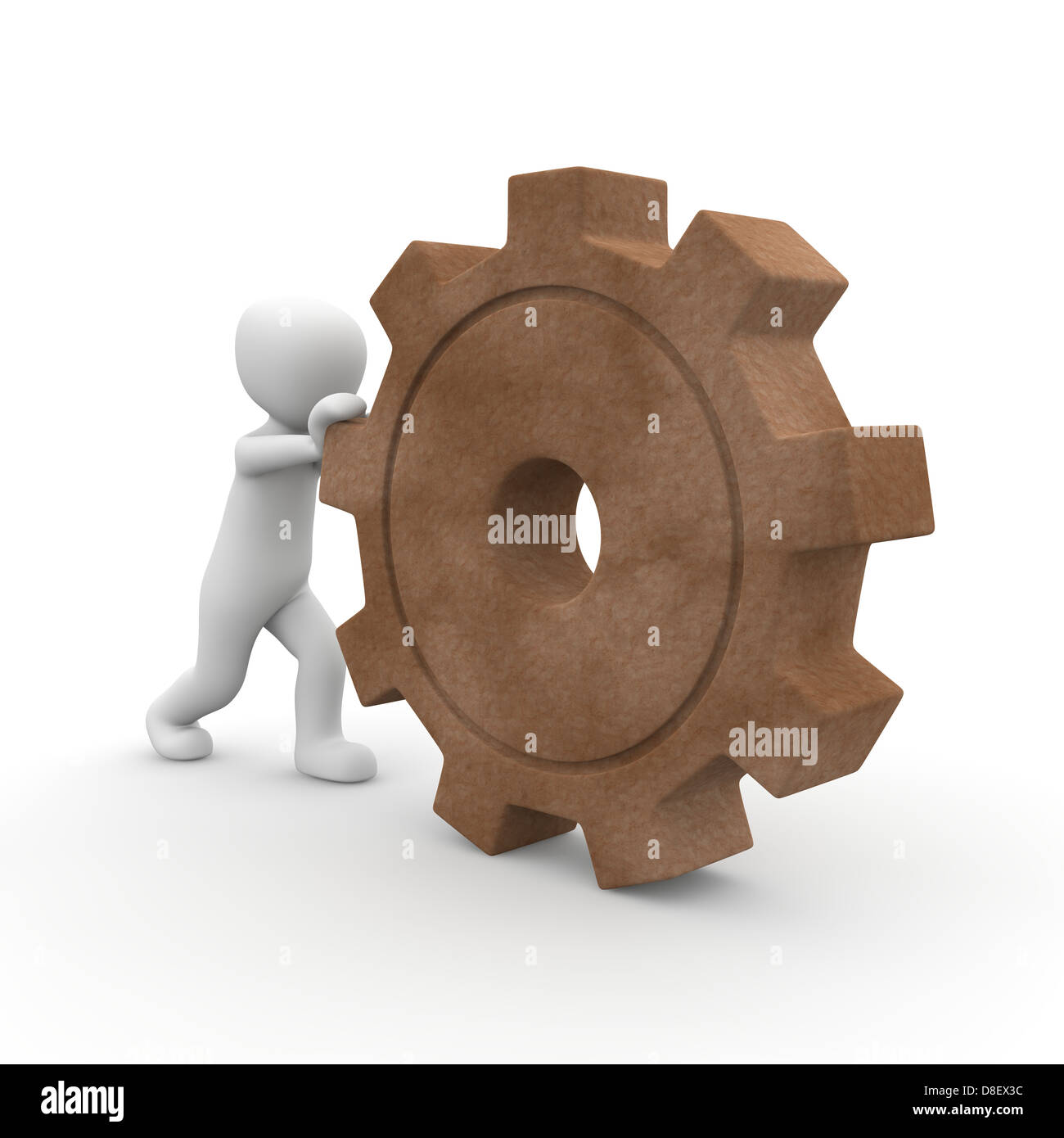 A small 3d charakter rolls a big, brown gear Stock Photo - Alamy