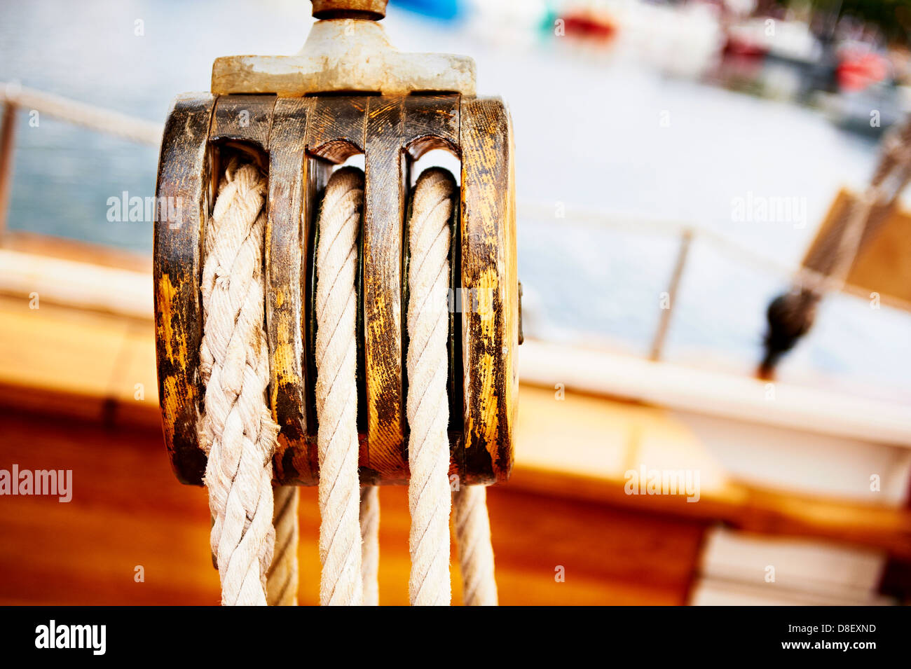 Detail of old sailing ship in harbour - pulley Stock Photo - Alamy