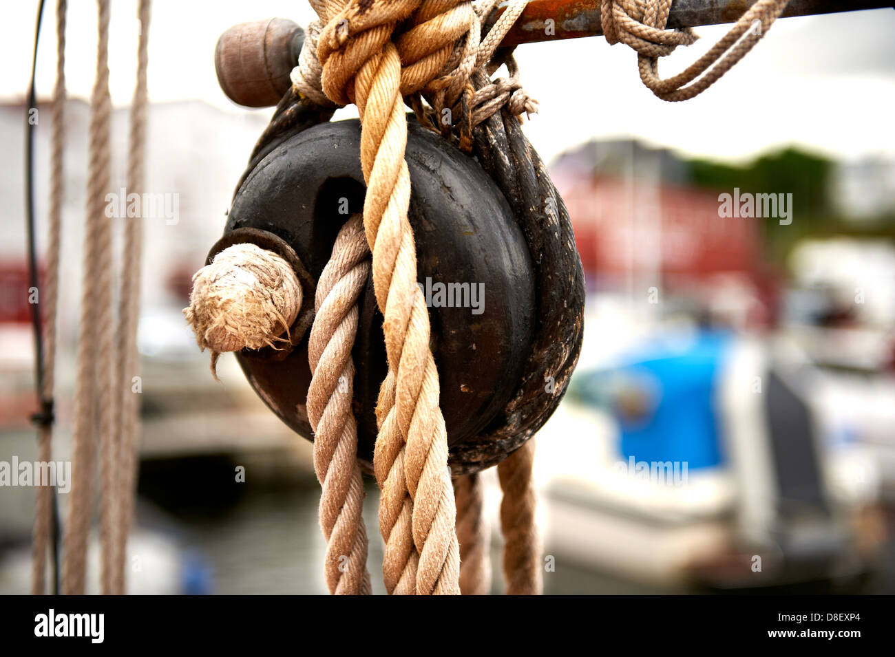 Detail of old sailing ship in harbour - pulley Stock Photo - Alamy
