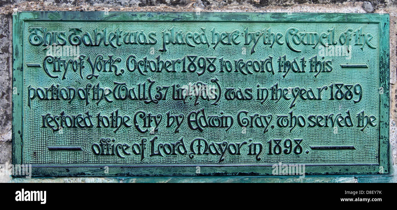Edwin Gray dedication tablet for York Walls reconstruction Stock Photo ...
