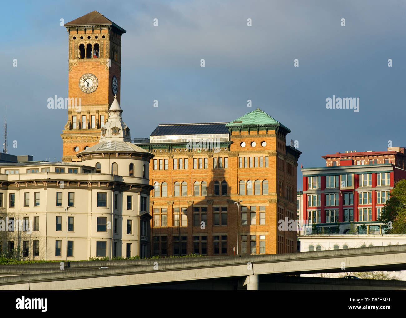 The sun rises hitting the buildings of Downtown Tacoma Washington ...