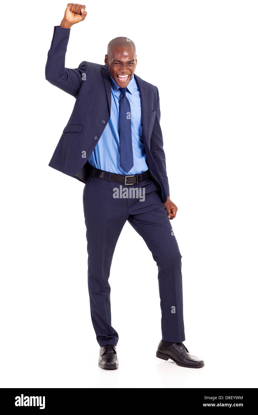cheerful african american businessman waving fist isolated on white ...