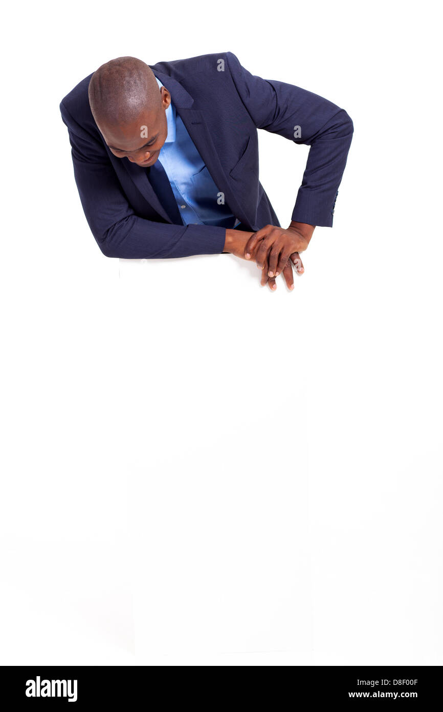 african american business man looking down at empty banner Stock Photo ...