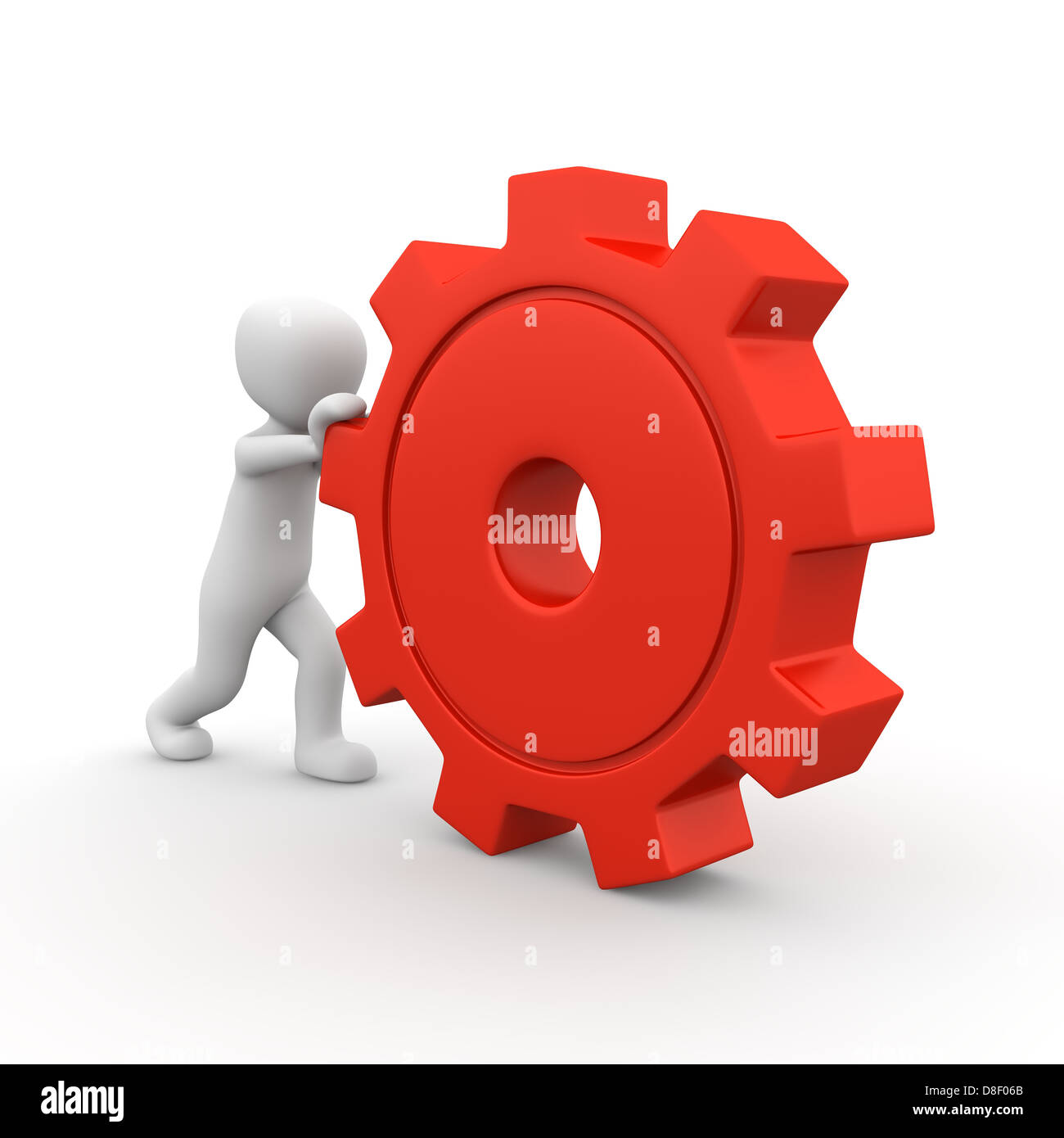 A small 3d charakter rolls a big, red gear Stock Photo - Alamy