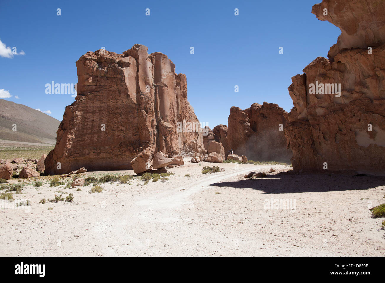 The dry arid landscape of the Bolivian Altiplano where it slopes down ...