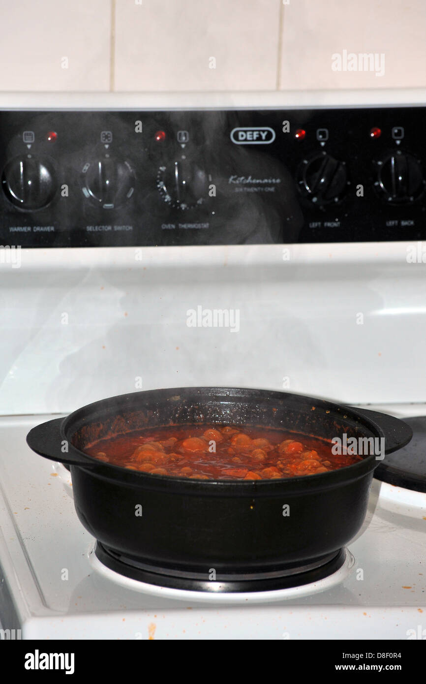 Images of a stew cooking in a cast iron pot on an electric cooker Stock ...
