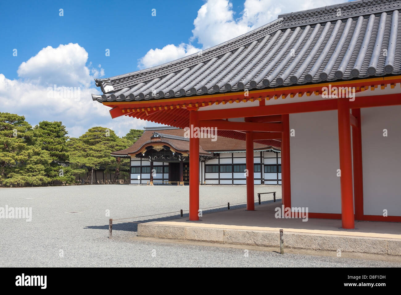 Corner of orange wall around main ceremonial hall Shishinden in Kyoto ...