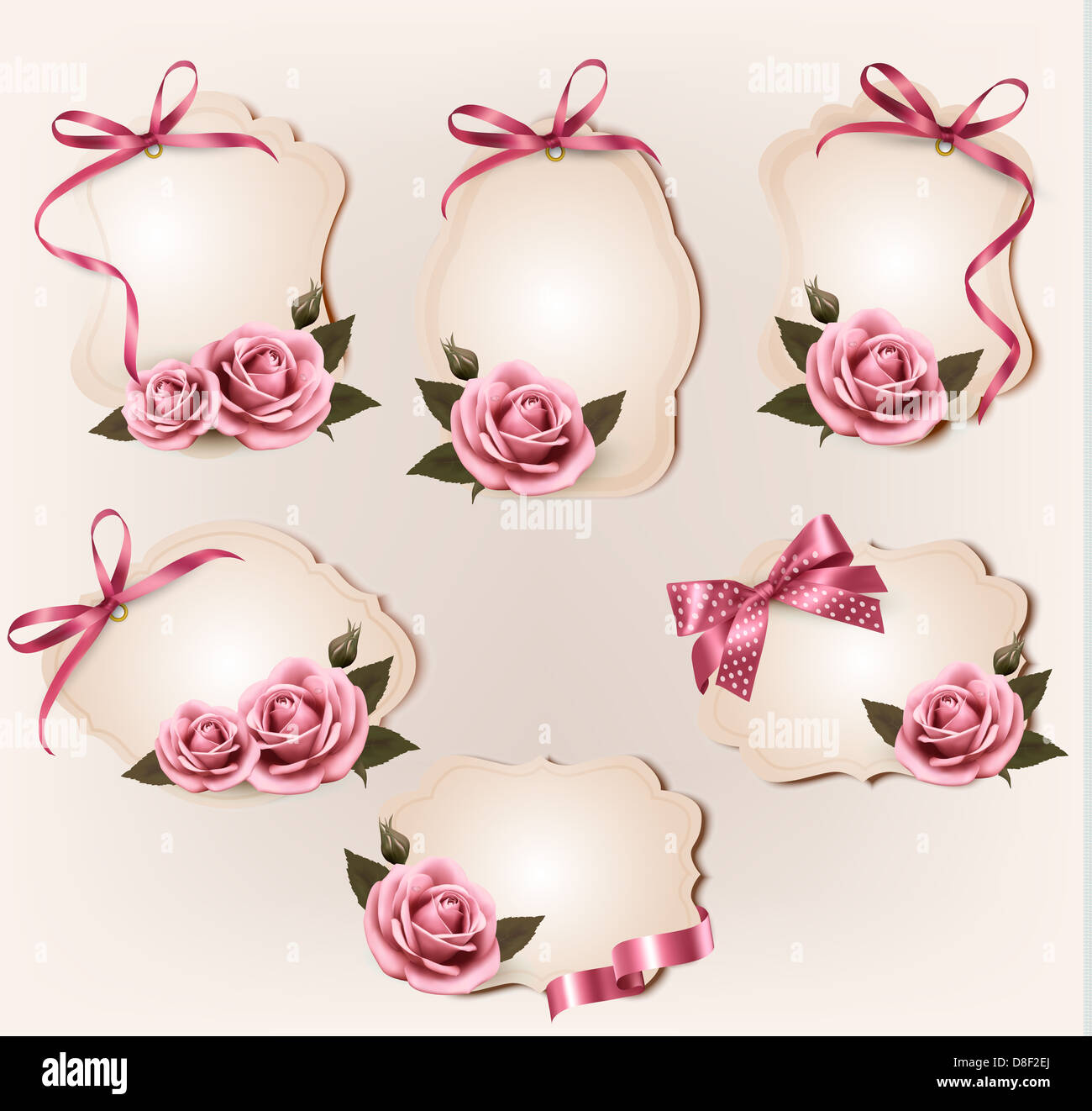 Set of beautiful retro labels with pink rose and gift bows. Vector ...