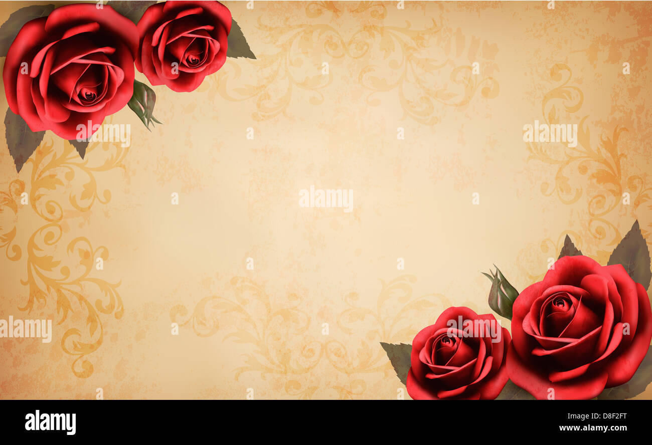 Retro background with beautiful red rose and old paper. Vector ...