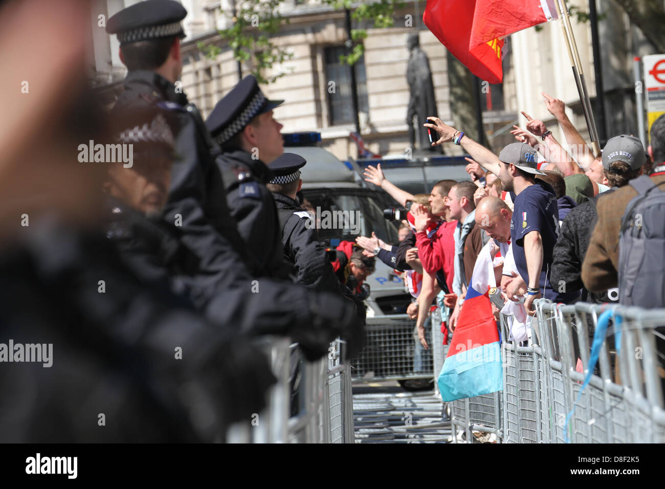 The EDL ( English Defense League) supporters seen gesturing as they ...