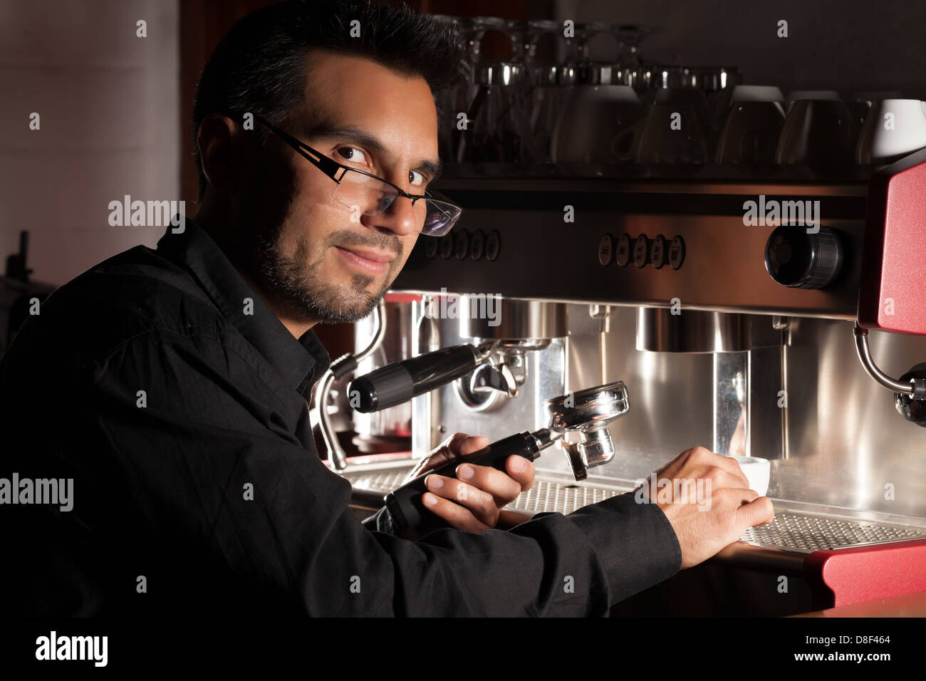Coffee Sommelier Extracting An Espresso With A Professional Machine ...