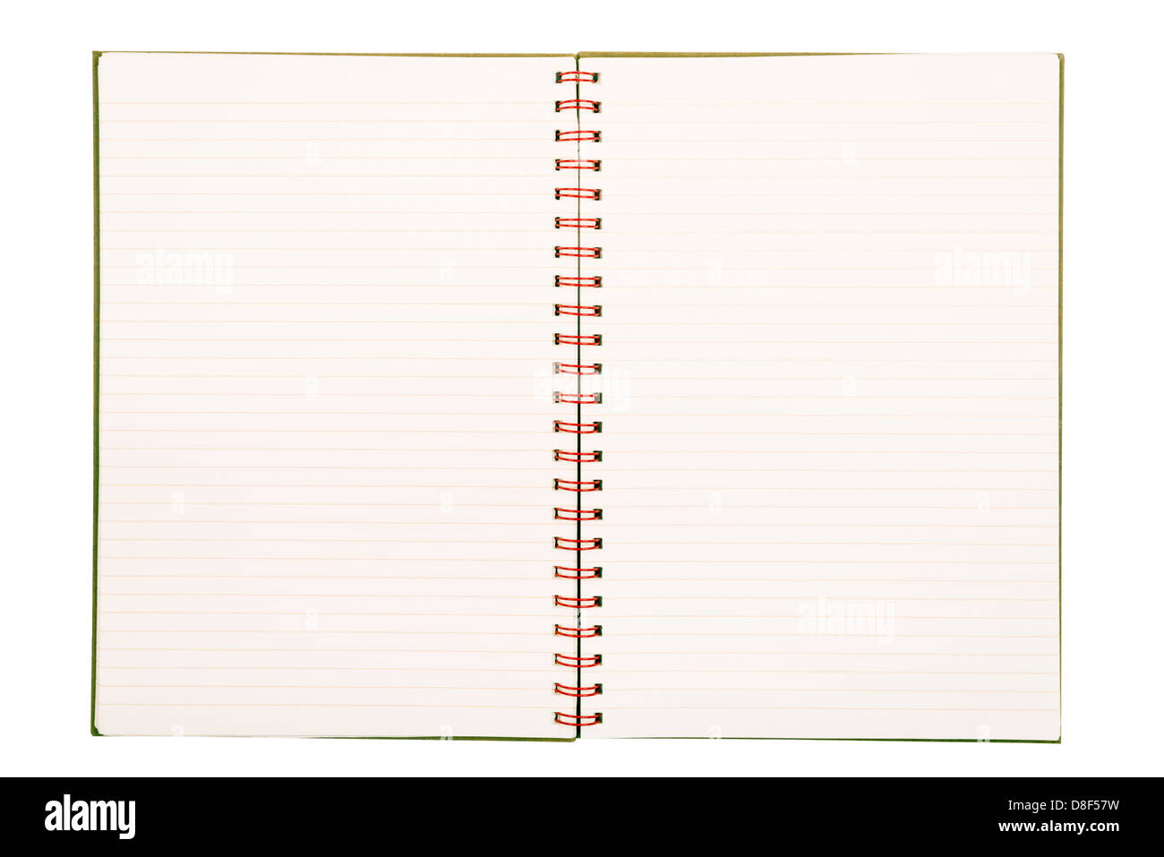 Notebook with pale lined paper and red metal binding isolated on white ...