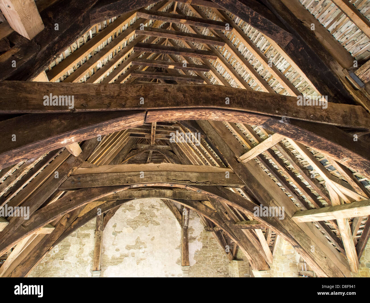 Ancient roof timbers in Stokesay Castle which is a fortified manor ...