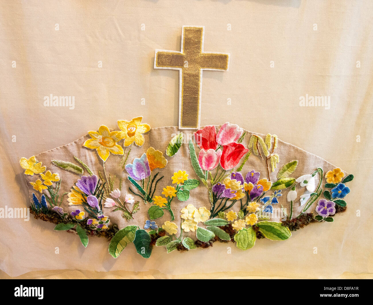 An Easter altar cloth in stokesay church next to Stokesay Castle near ...