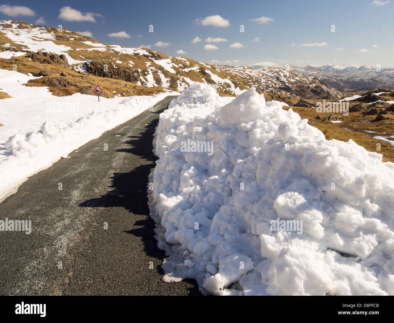 Massive snow drifts on the side of the Wrynose Pass road in the Lake ...
