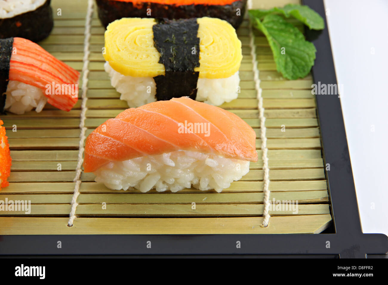 Sushi made from Tuna fish on a bamboo dish,Sushi is a food of Japanese ...