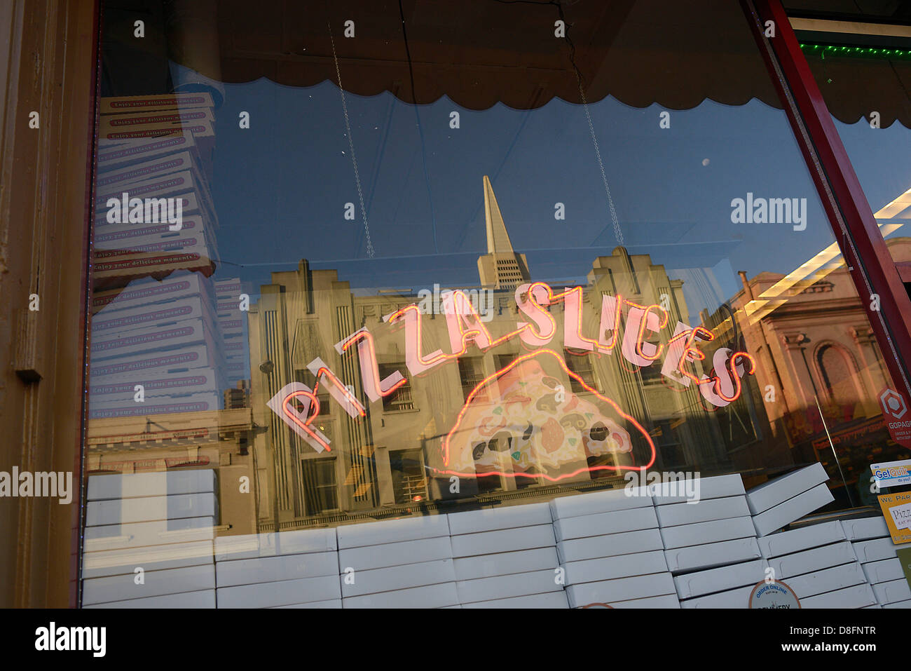 san francisco window reflection pizza restaurant Stock Photo - Alamy