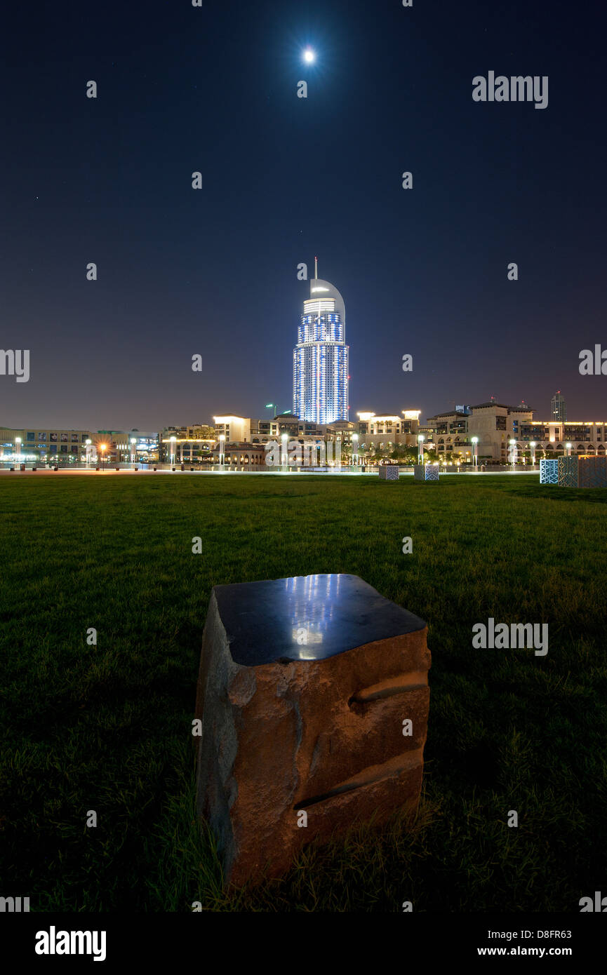The Address hotel at night in moonlight with reflections, Downtown ...