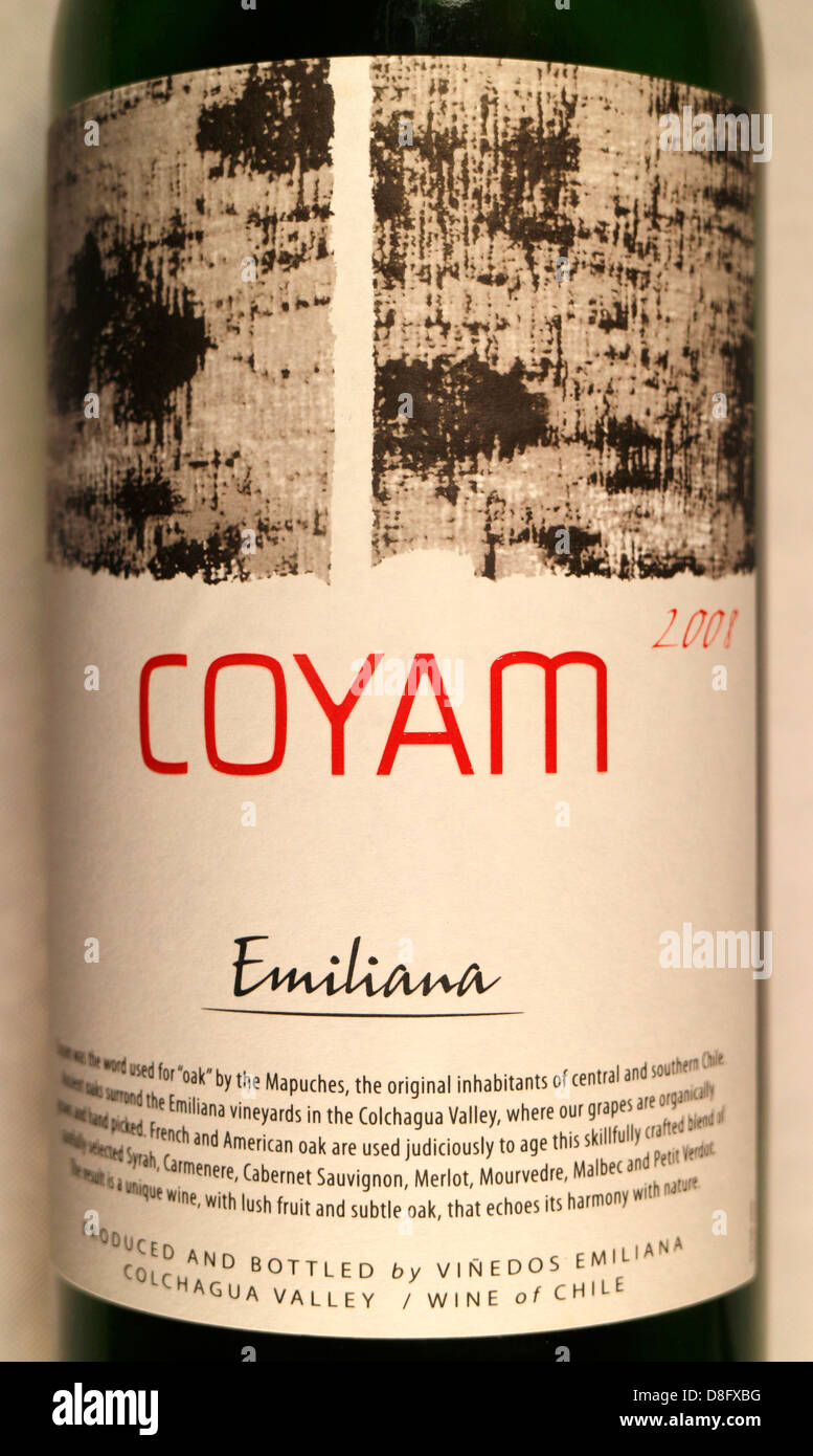 Wine label on bottle. Coyam Emiliana Chile Stock Photo - Alamy