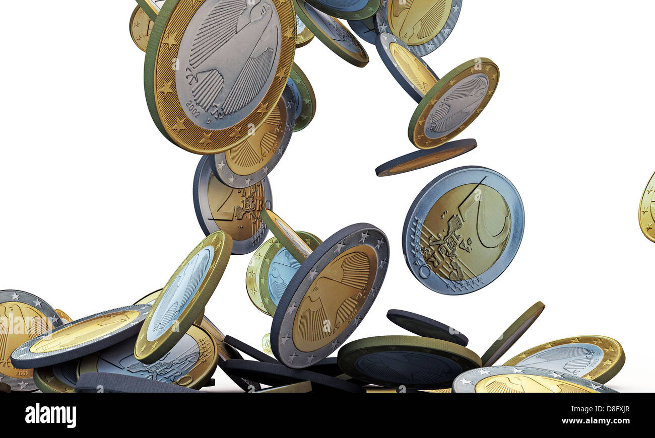 euro coins falling isolated on white background Stock Photo - Alamy
