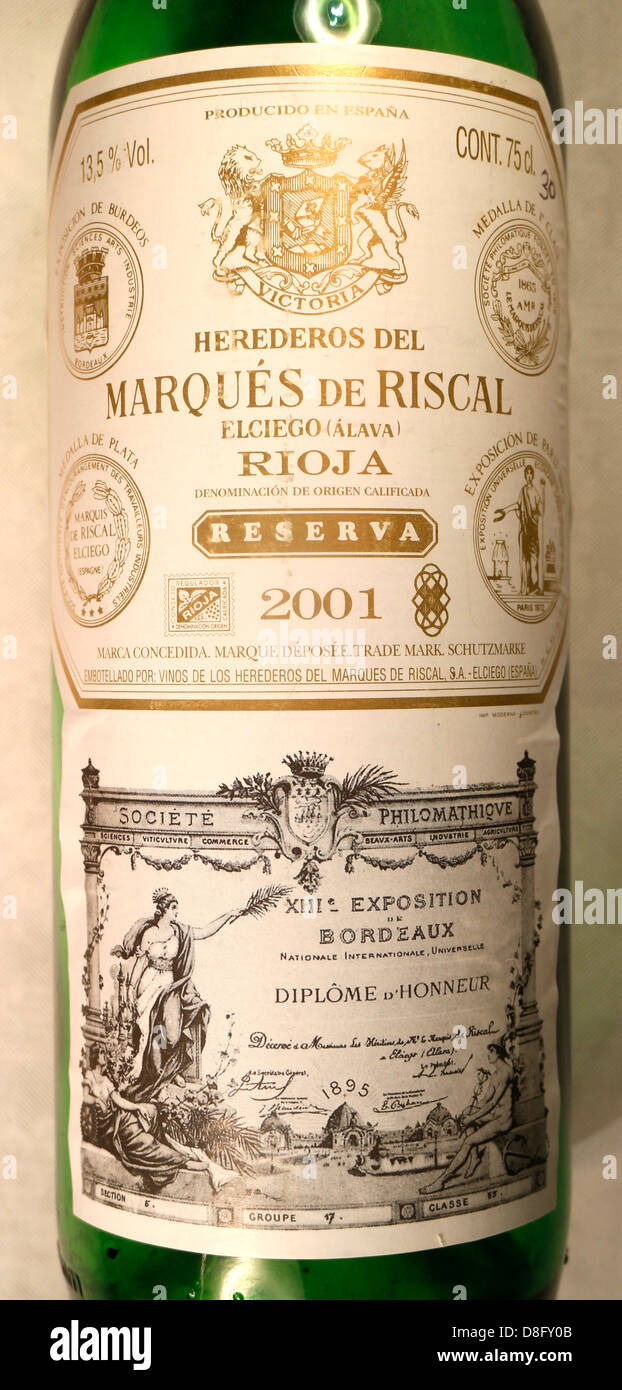 Marques de Riscal Rioja Spain red 2001 Reserva Wine label on bottle ...