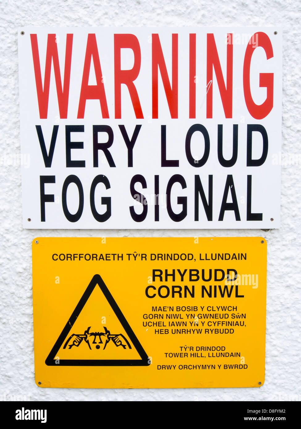 A warning sign about a foghorn at a lighthouse on anglesey, Wales, UK ...