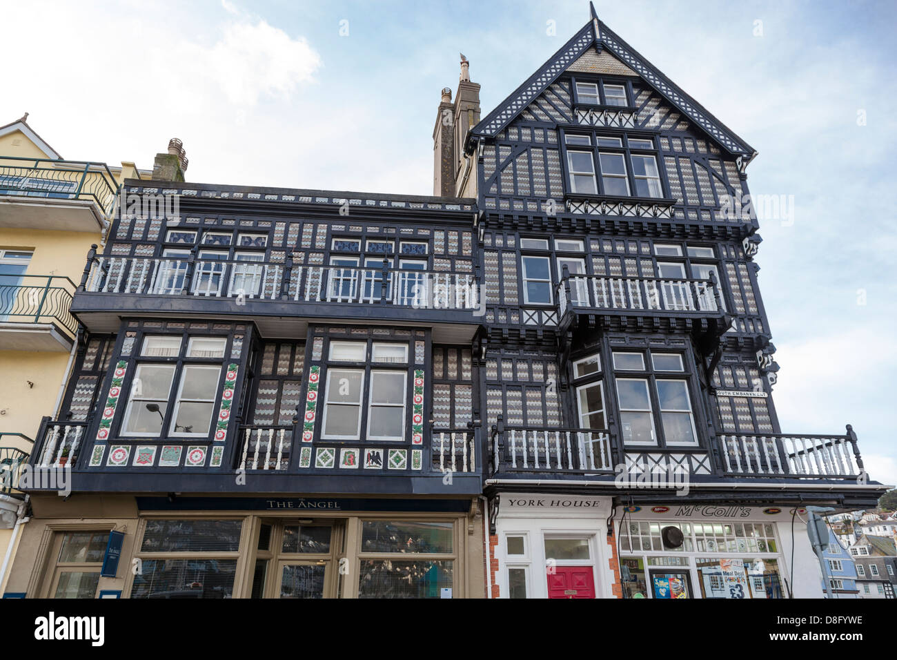 Timber framed historic building on the embankment in Dartmouth, Devon ...
