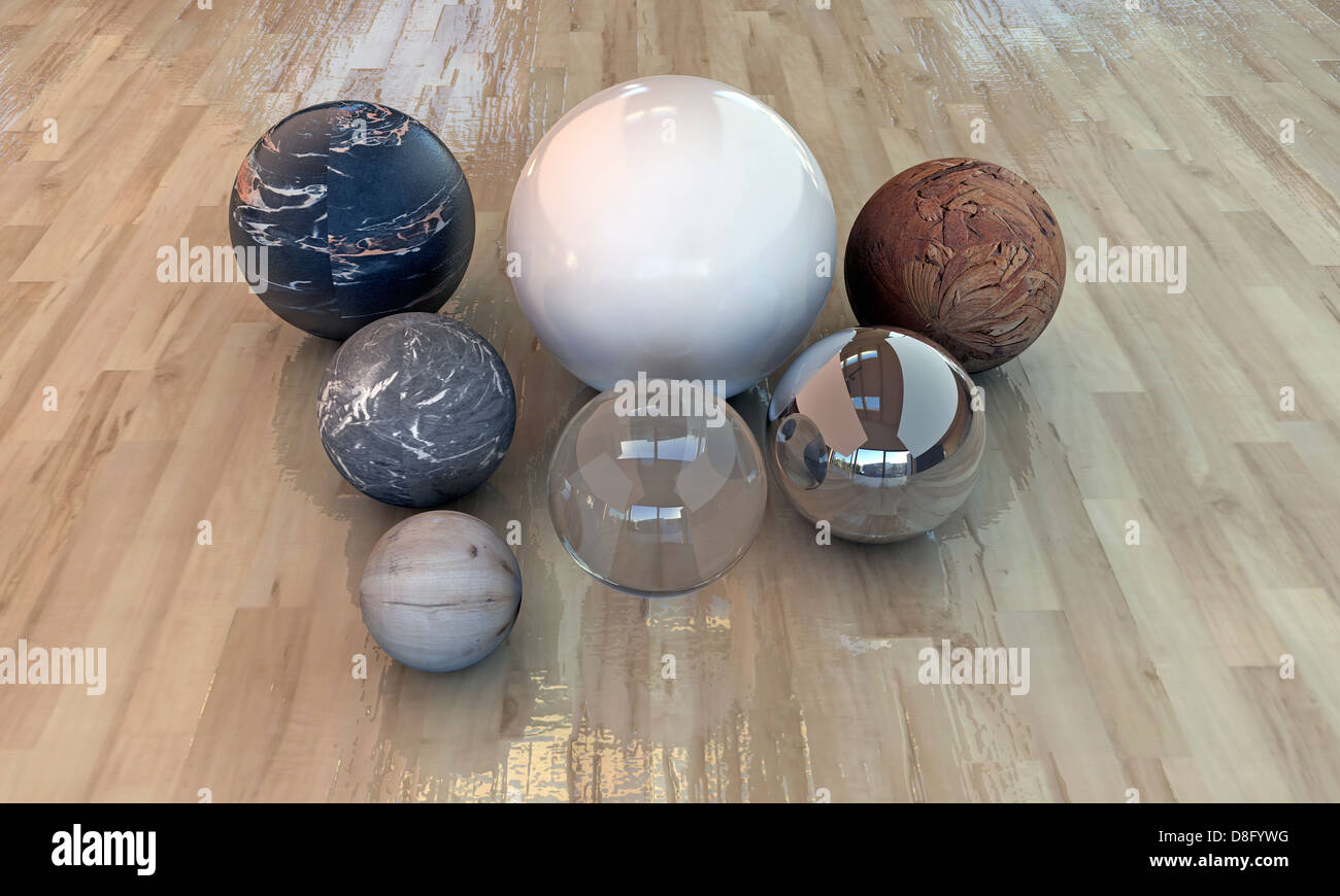 many spheres with construction materials on wooden floor Stock Photo ...
