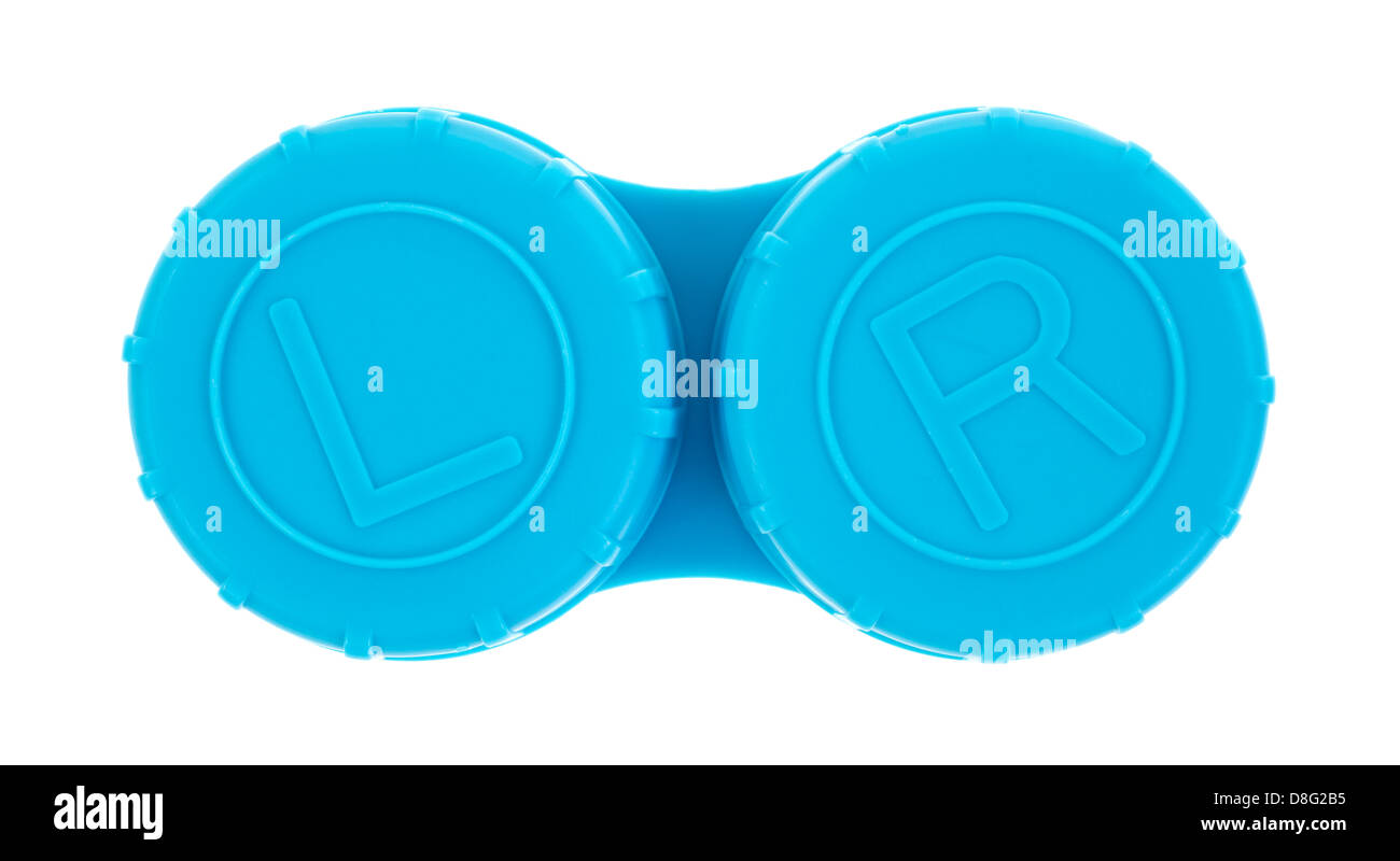 A blue contact lens case with left and right designations on a white ...