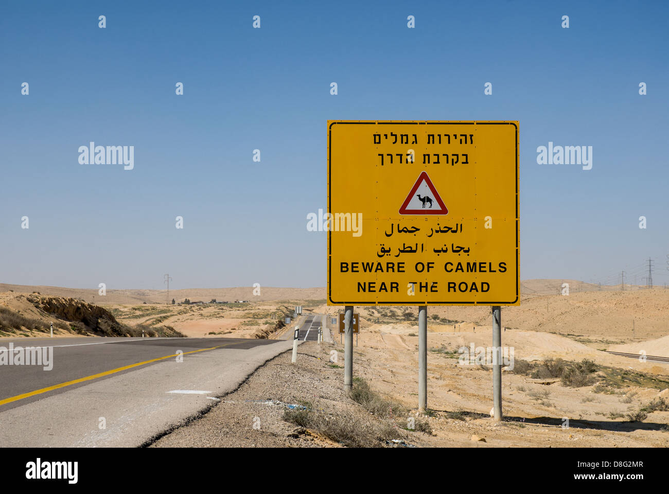 Road sign about loose camels on a way through the Negev desert,Israel ...