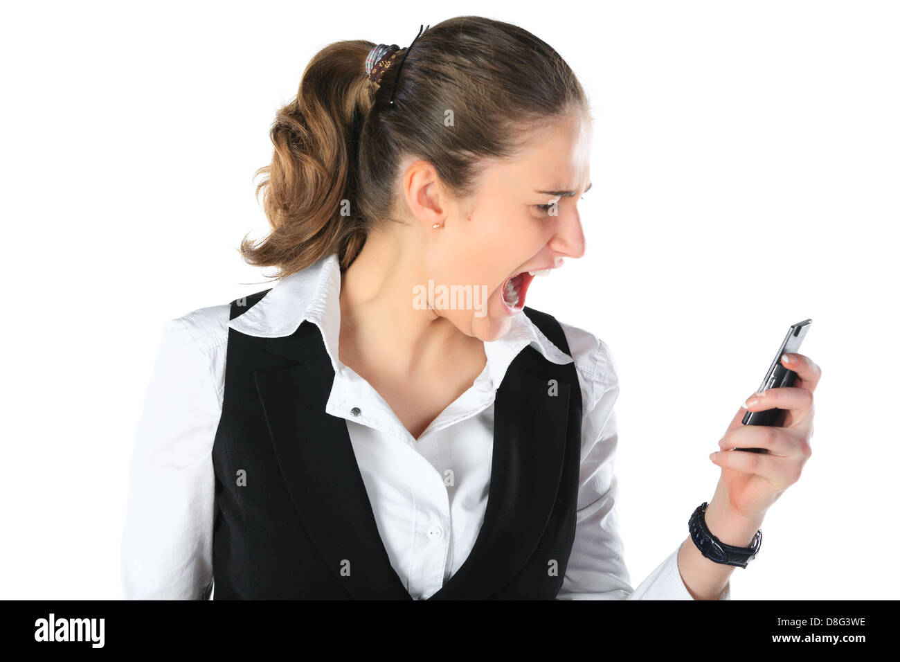 A woman shouting at a mobile phone Stock Photo - Alamy